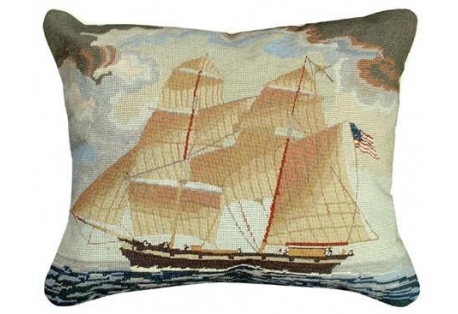 Tall Ship at Full Sail Needlepoint Pillow - GoNautical